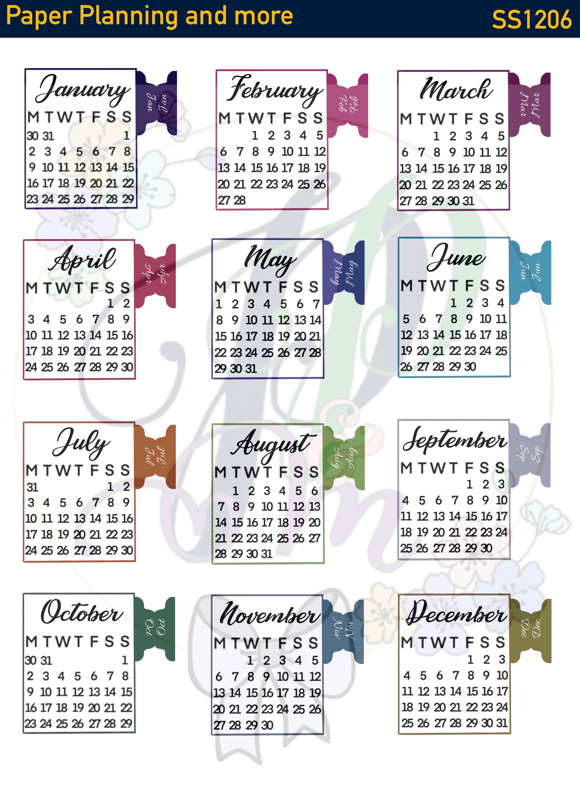 Calendars with Coloured Tabs Sticker Sheet- A5 size – Paper planning ...